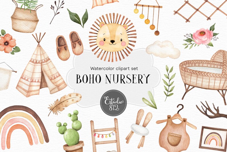 Boho Nursery Clipart Watercolor Digital Download, Boho Decor - Etsy