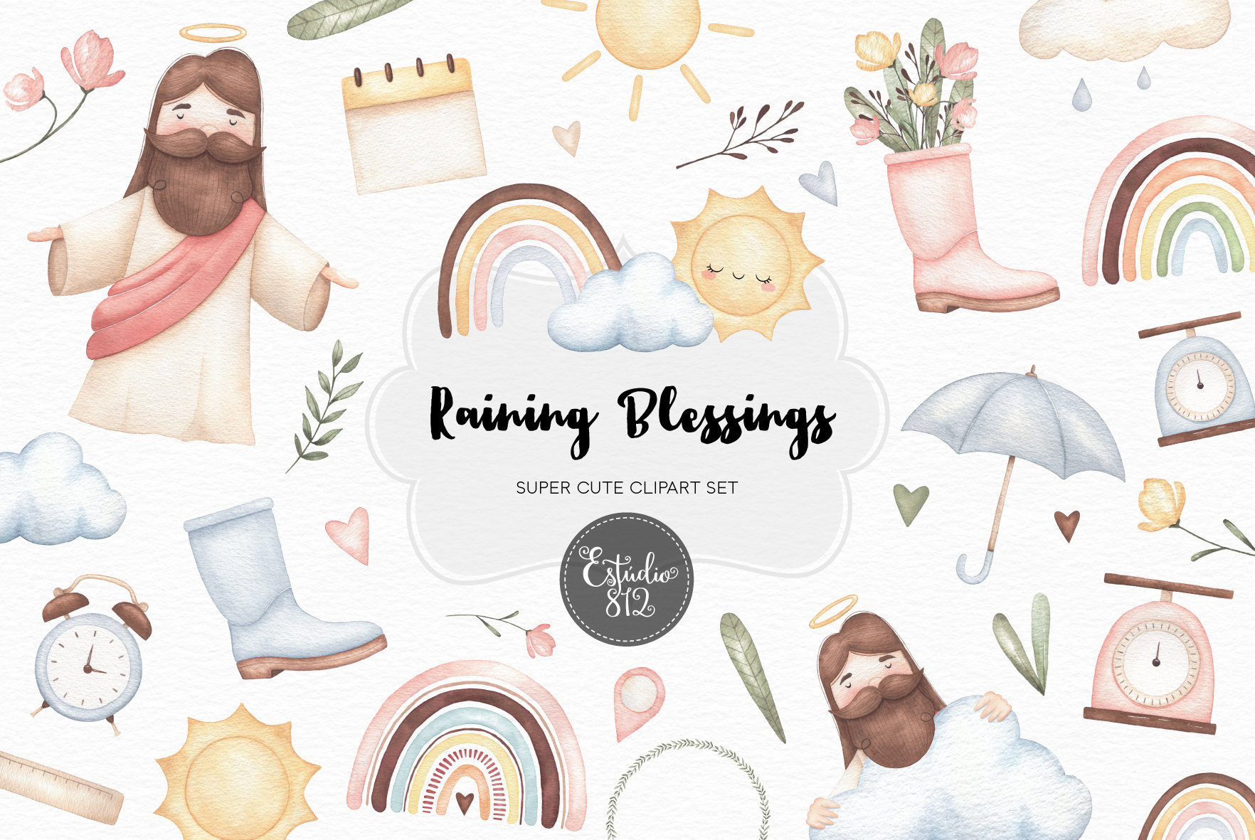 Raining Blessings Clipart Rainbow Sunshine Watercolor Digital - Etsy