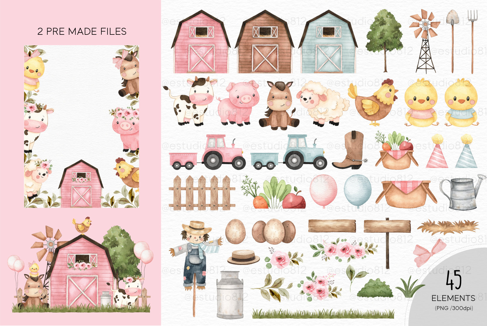 Cute Farm Clipart Farm Animals Watercolor Digital Clipart - Etsy
