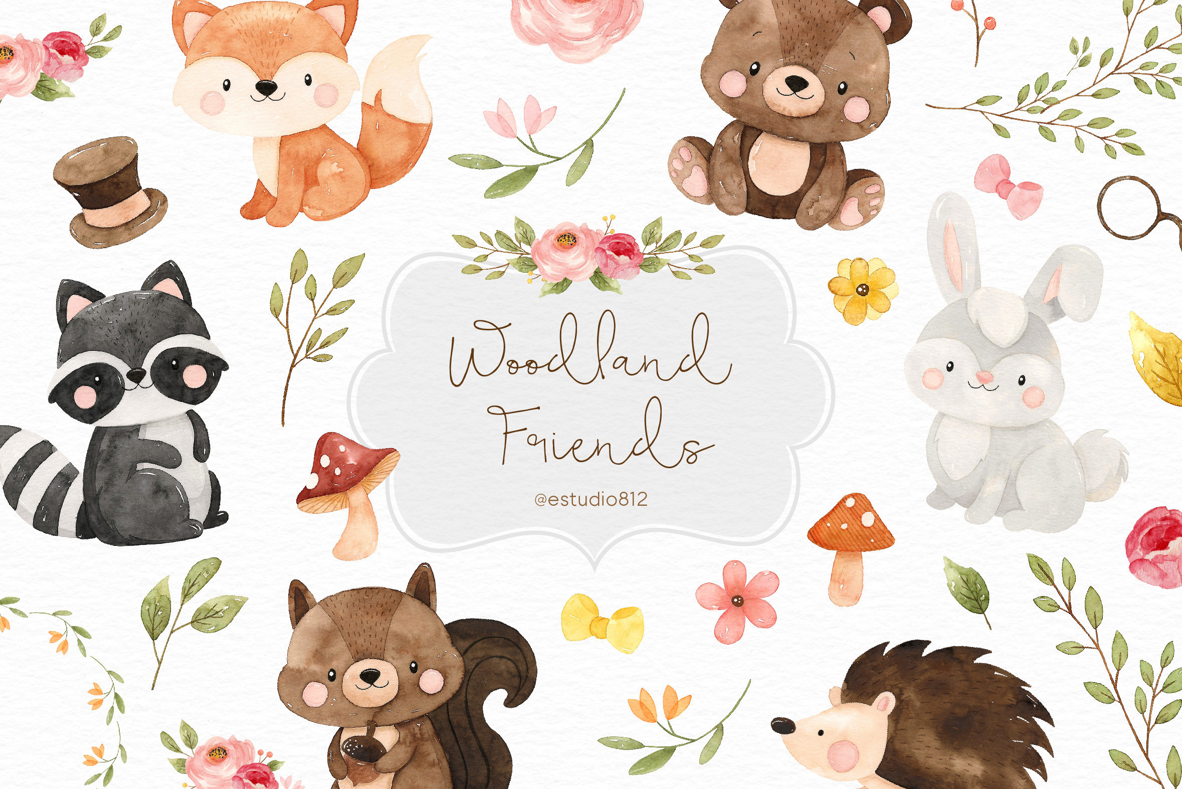 Woodland Nursery Clipart Woodland Animals Watercolor Digital | Etsy