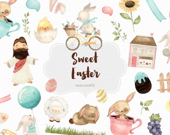 Cute Spring Easter Clipart Bunny Bird Flower Clip Art Digital | Etsy