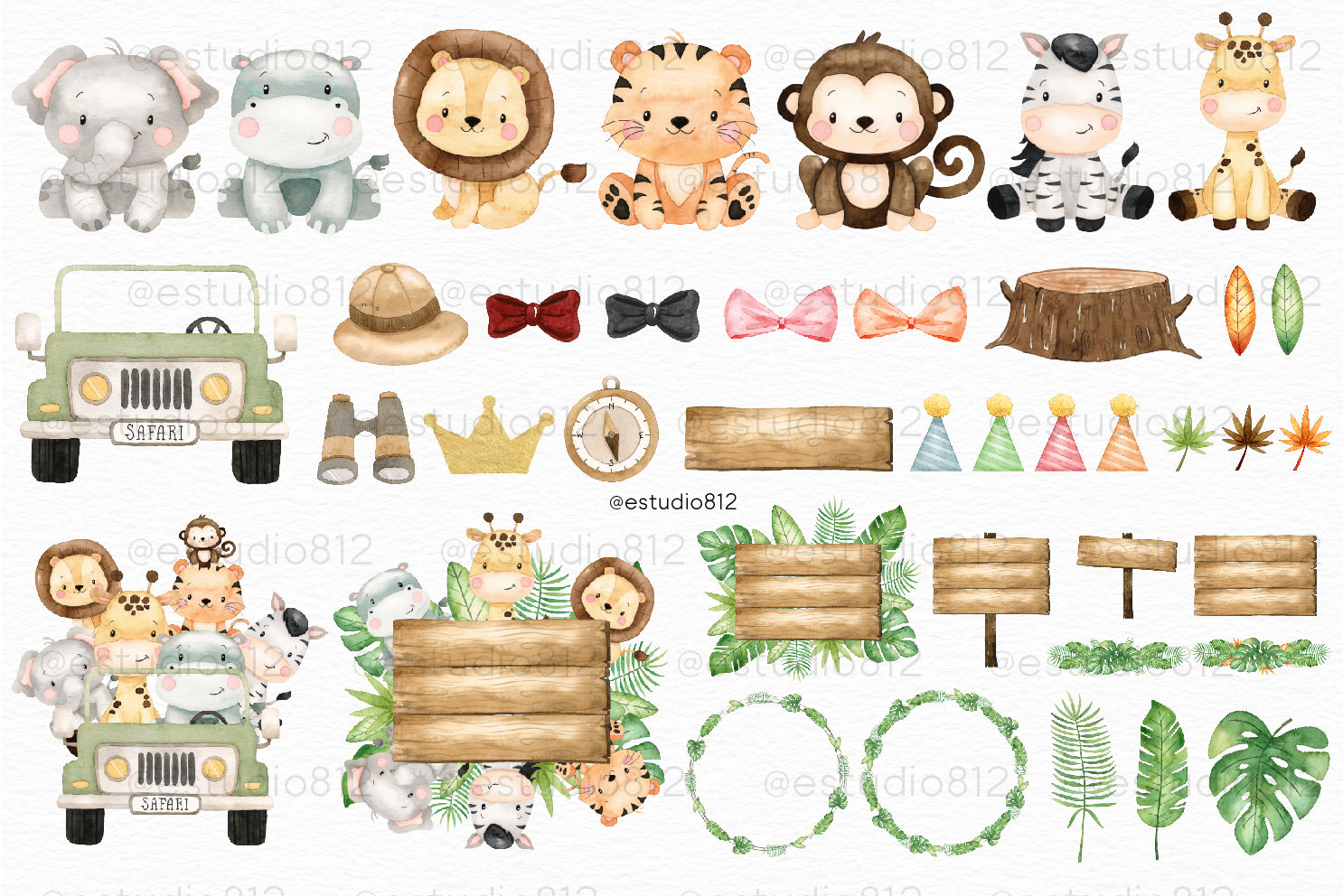 Safari Watercolor Clipart Bundle: Elephant Hippo Lion - Etsy