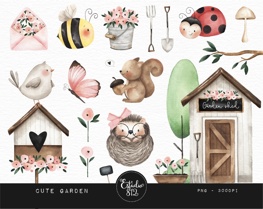 Cute Garden Watercolor Clipart Bundle: Little Bird, Bee, Nuts ...