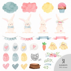 Cute Easter Watercolor Clipart Bunny Cupcake Eggs Clip Art Digital ...