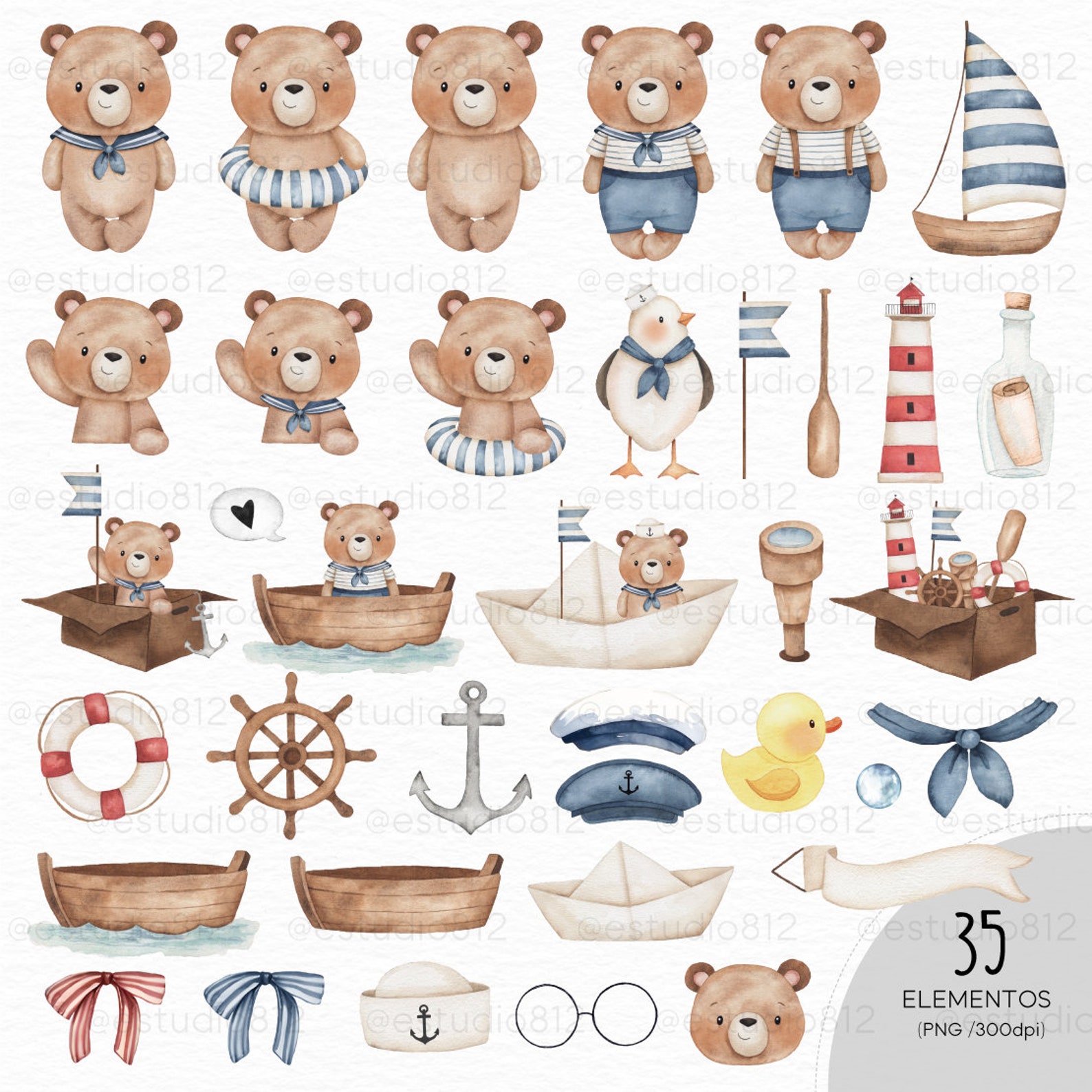Little Sailor Watercolor Clipart Bundle: Bear, Seaman, Duck, Boat ...