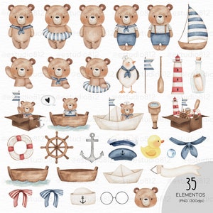 Little Sailor Watercolor Clipart Bundle: Bear, Seaman, Duck, Boat ...