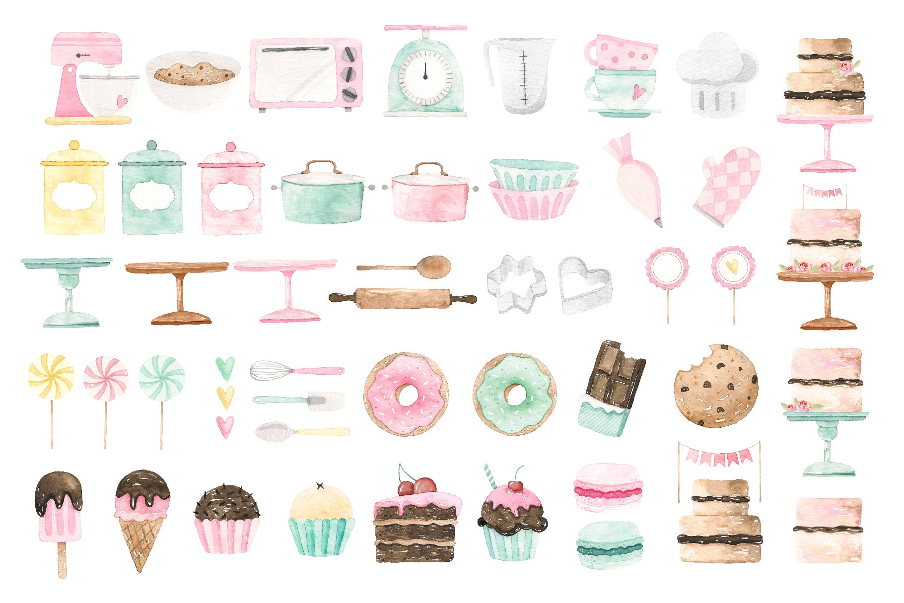 Sweet Bakery Watercolor Clipart Cake Cupcake Kitchen Cookie Macaroon ...