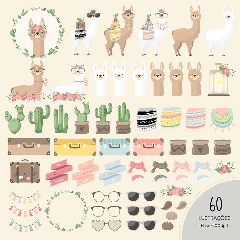 Cute Llama Alpaca Cactus Clipart Watercolor Clip Art Digital | Etsy