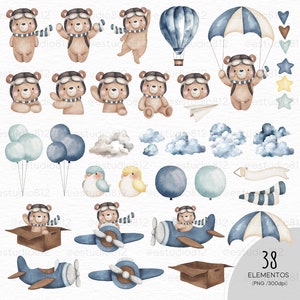Aviator Bear, Traveler Bear, Trip, Balloon, Plane, Parachute, Sky ...