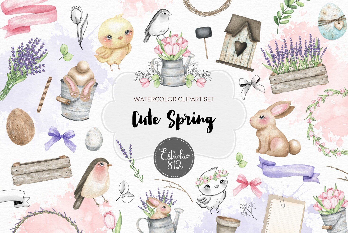 Cute Spring Easter Clipart Bunny Bird Flower Clip Art Digital - Etsy