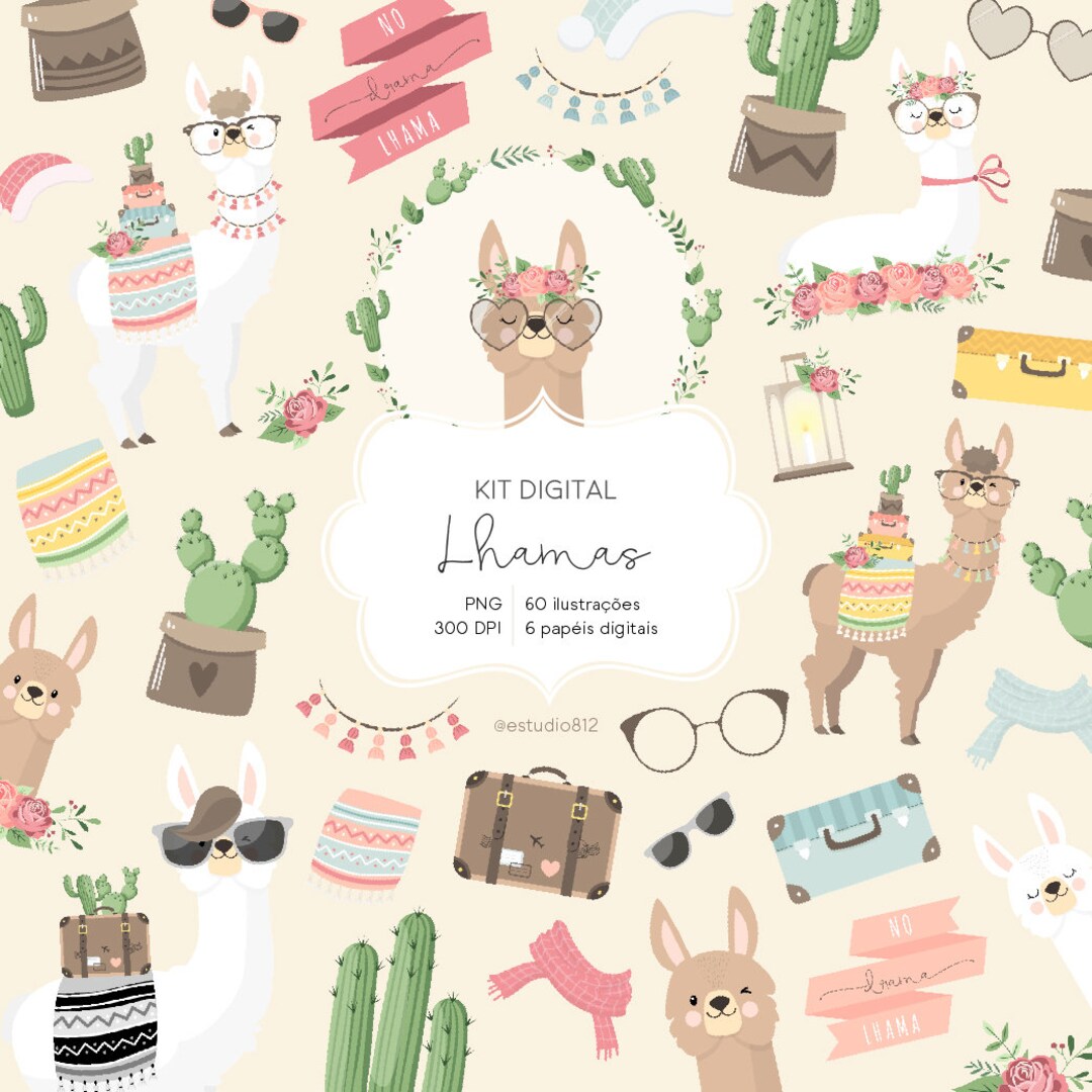 Cute Llama Alpaca Cactus Clipart Watercolor Clip Art Digital Download ...