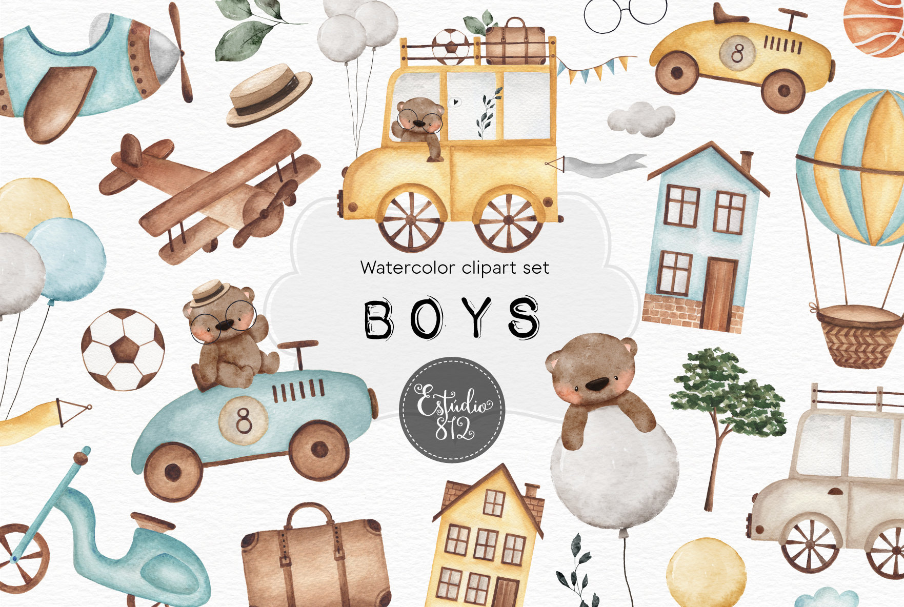 Boys Watercolor Clipart Toys Hat Plane Bear - Etsy