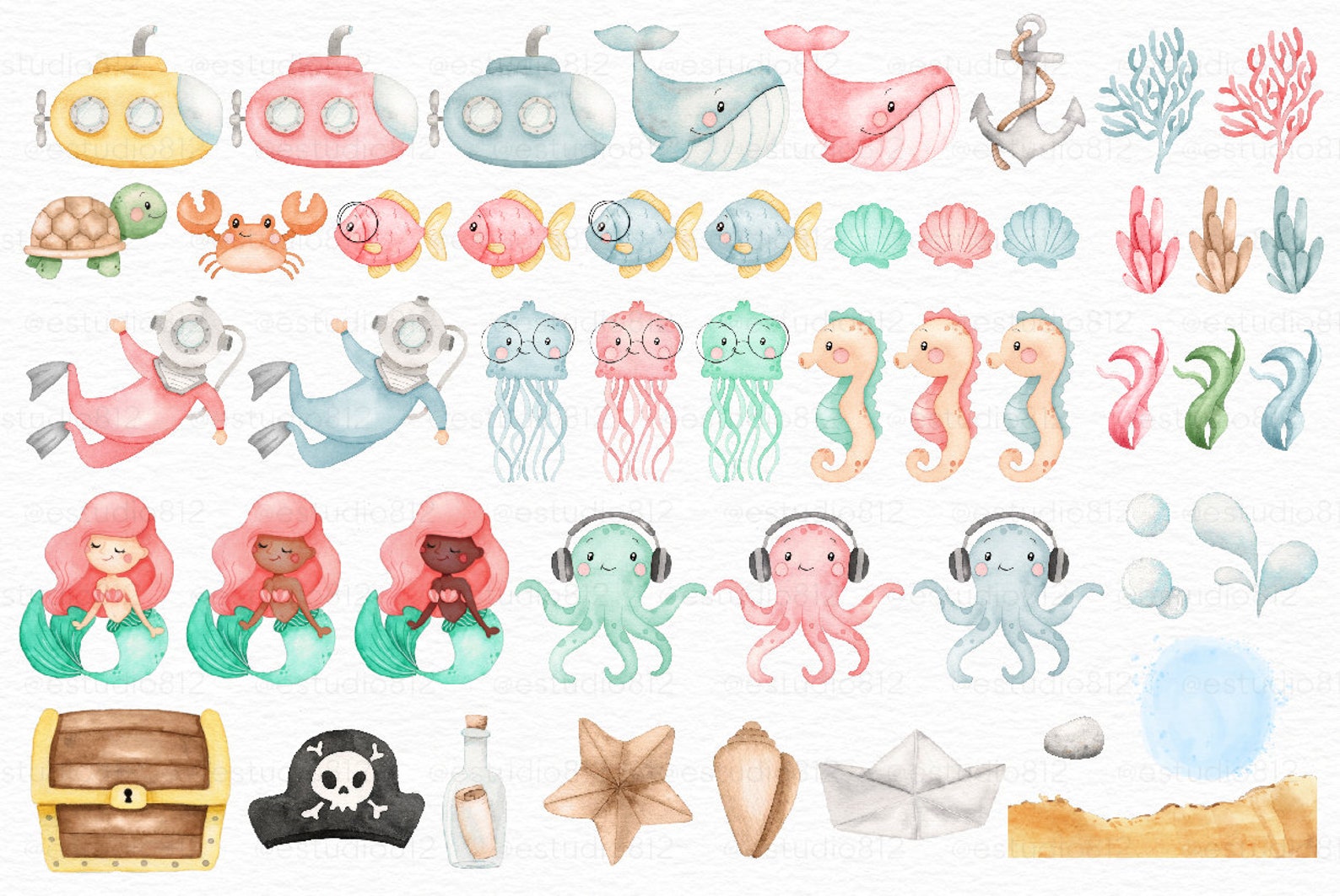 Under the Sea Clipart, Sea Animals Watercolor Digital Clipart, - Etsy