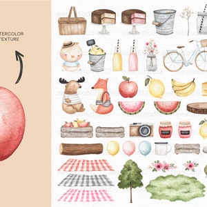 Picnic Watercolor Clipart Bird Woodland Fruits Animals Clip Art Digital ...