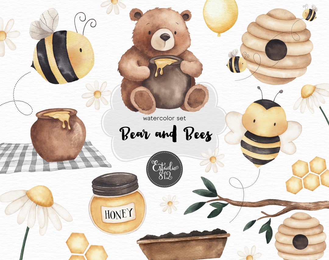 Bear and Bees Watercolor Clipart Bundle: Bear, Bees, Honey, Tree ...