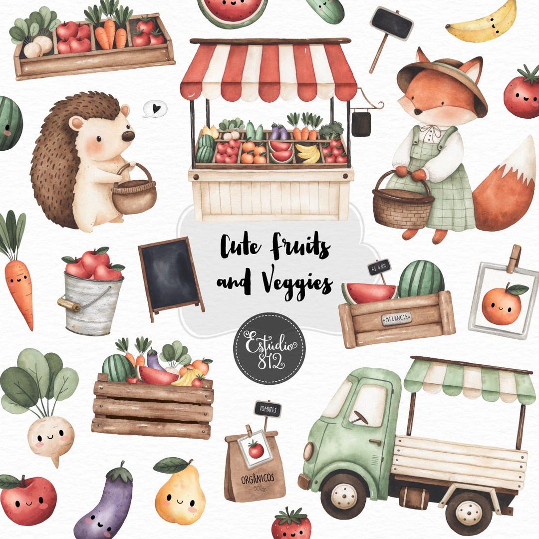 Cute Fruits Veggies Watercolor Watermelon Broccoli Lettuce Cucumber ...