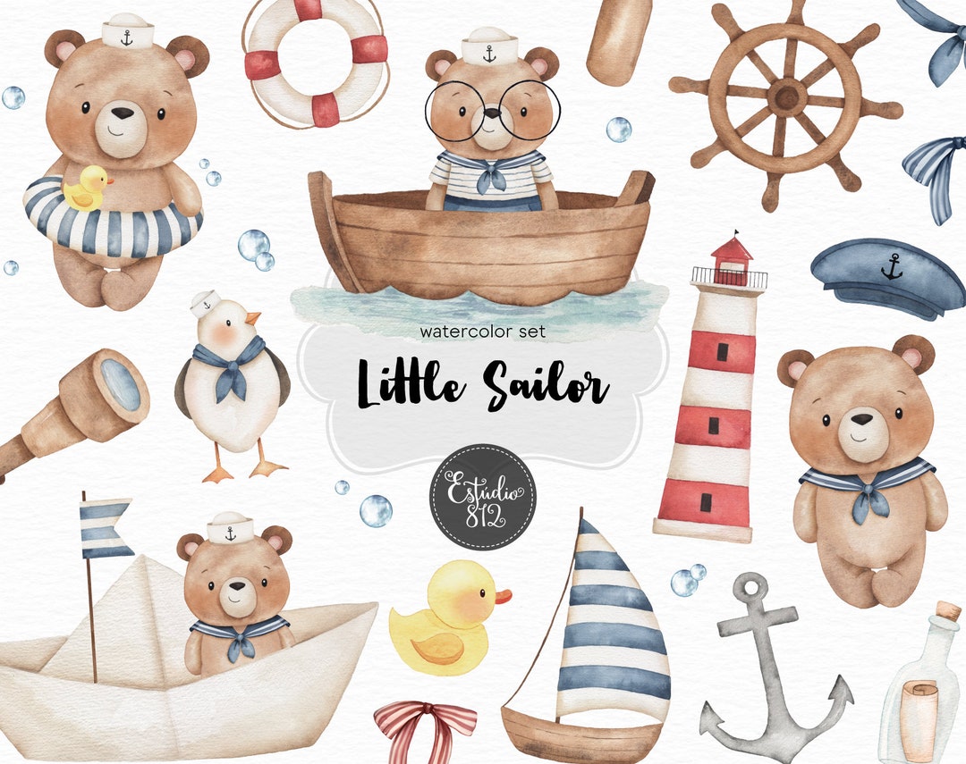 Little Sailor Watercolor Clipart Bundle: Bear, Seaman, Duck, Boat ...