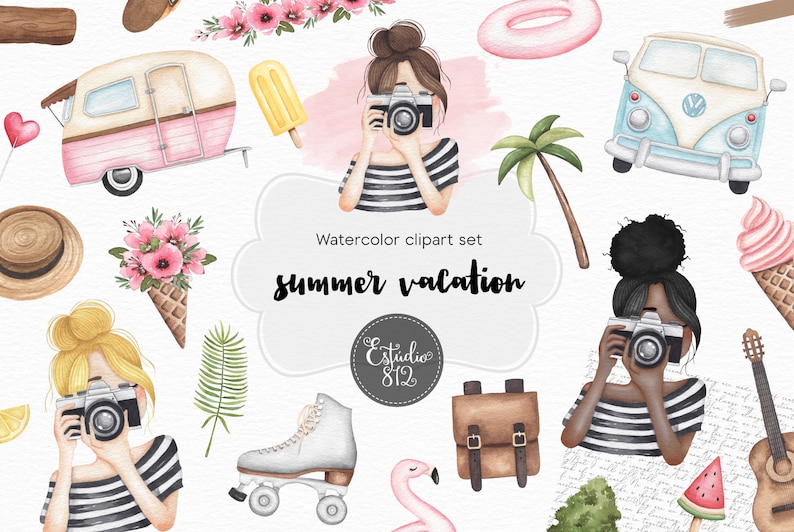 Summer Vacation Clipart, Planner Girl Watercolor Digital Clipart - Etsy