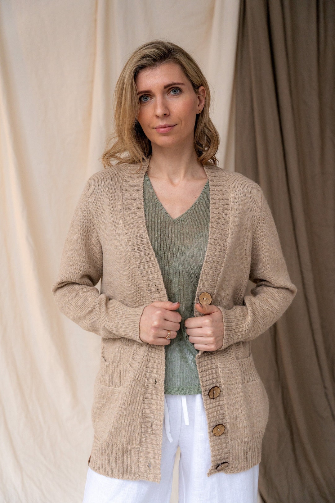 100% Alpaca Wool Cardigan, Luxury Hand Knit Minimalist Buttoned Jacket ...