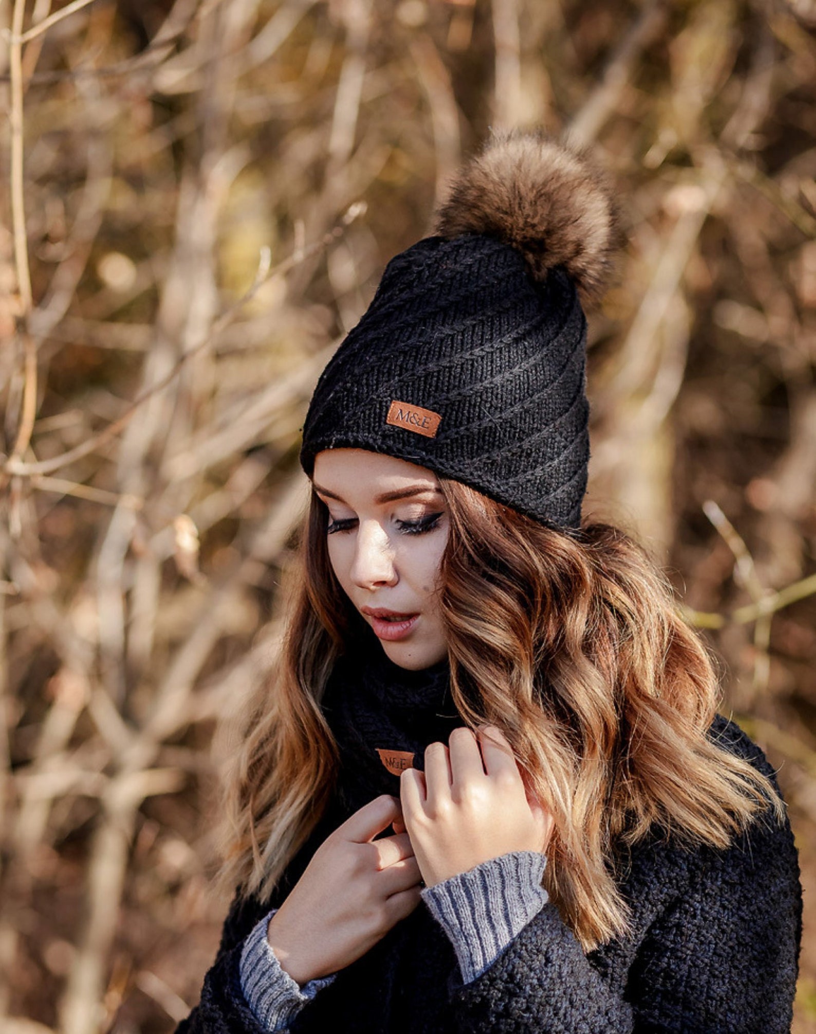 Hand Knit Hat for Women, Fur Pom Pom Hat, Wool Winter Hat, Beige Beanie ...