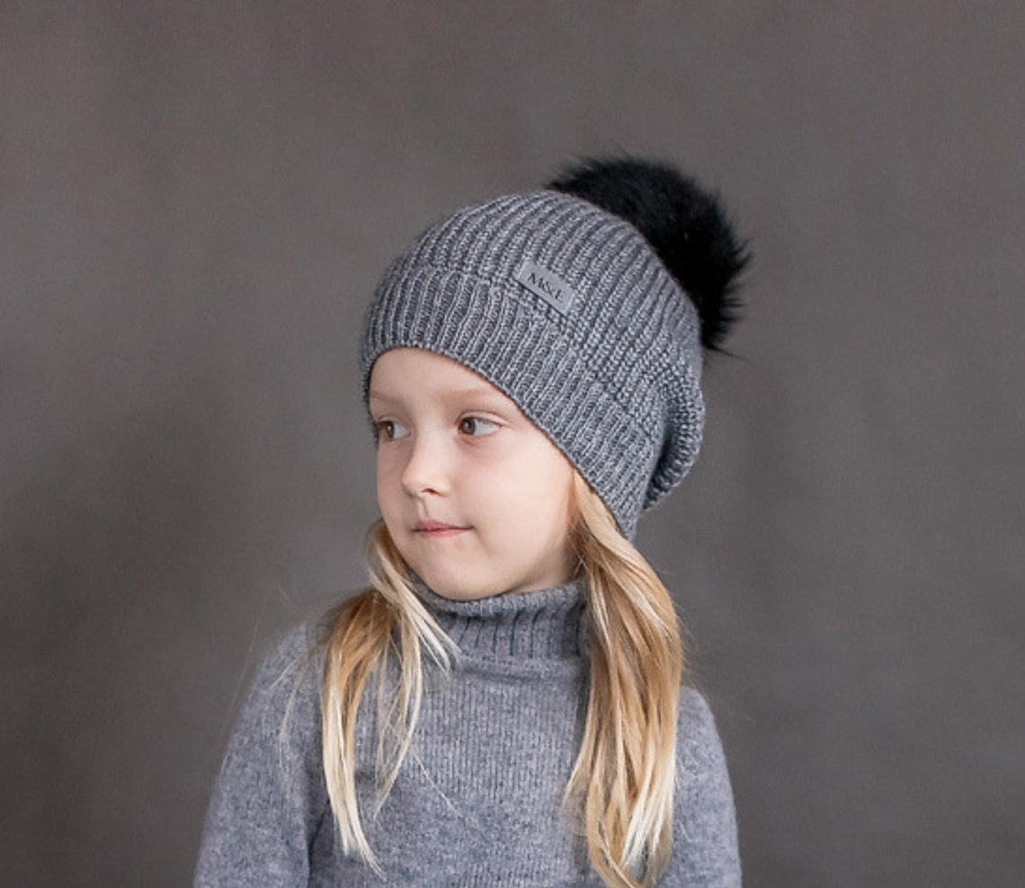 Girls Winter Hat, Fur Pom Pom Hat With Cotton Lining, Merino Wool ...