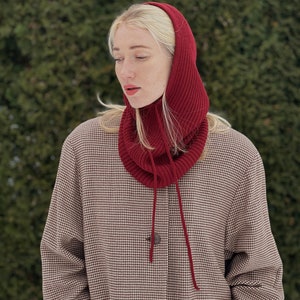 Chunky Knit Pure Merino Wool Women Hooded Balaclava Hat, Woolen Warm Stylish Dark Blue Neck ...