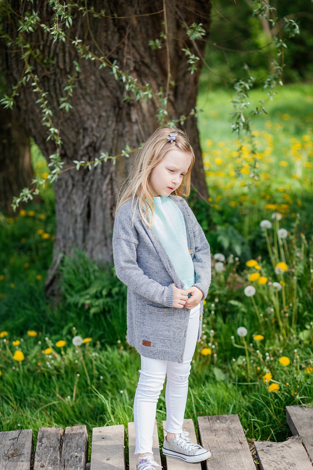 Handmade Merino Wool Girls Cardigan, Lightweight Gray Sweater for ...