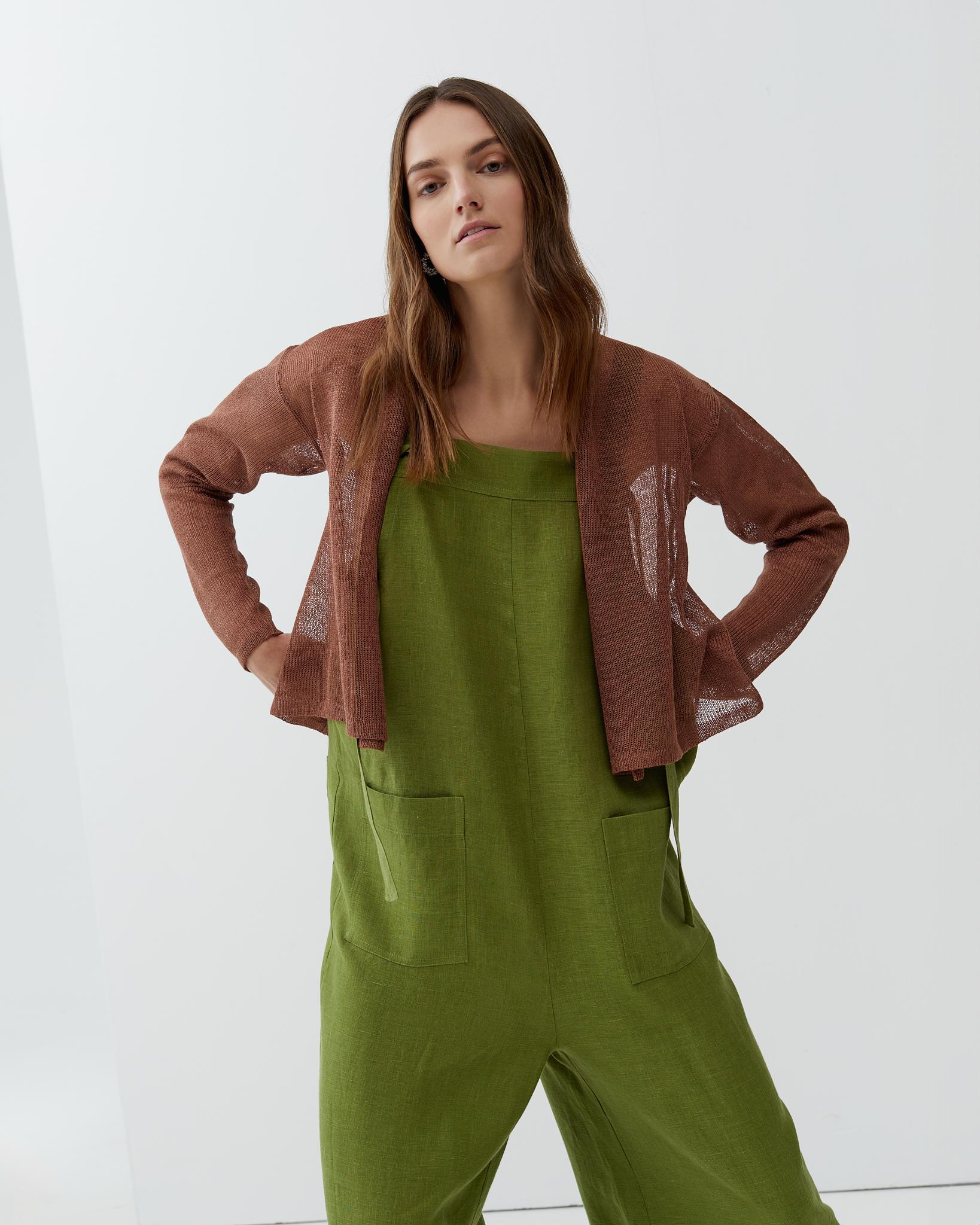 Cardigã leve de linho marrom tricotado para o verão, Cardigã aberto na ...