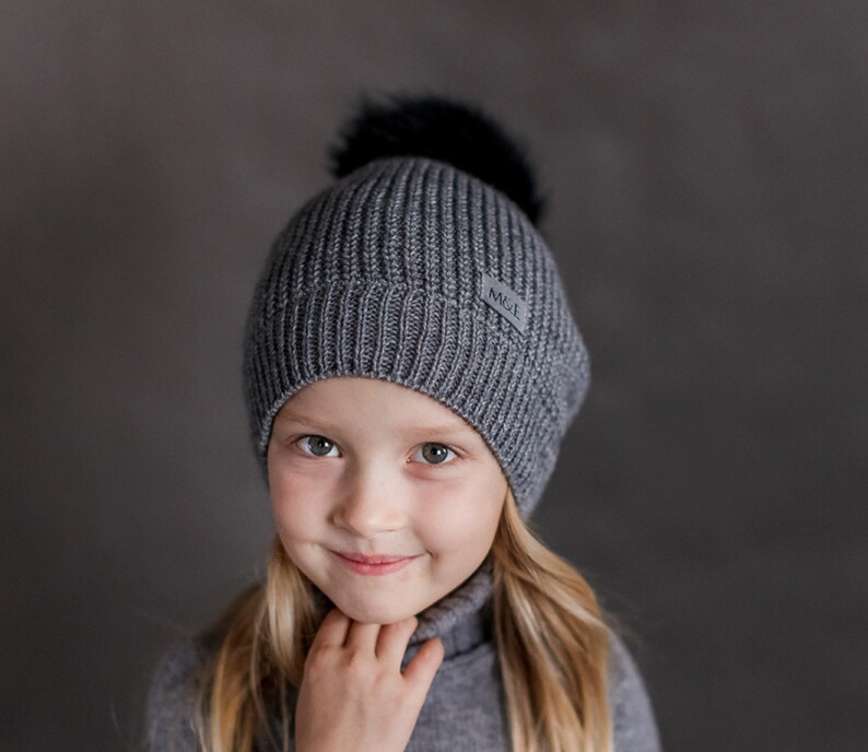 Girls Winter Hat, Fur Pom Pom Hat With Cotton Lining, Merino Wool ...