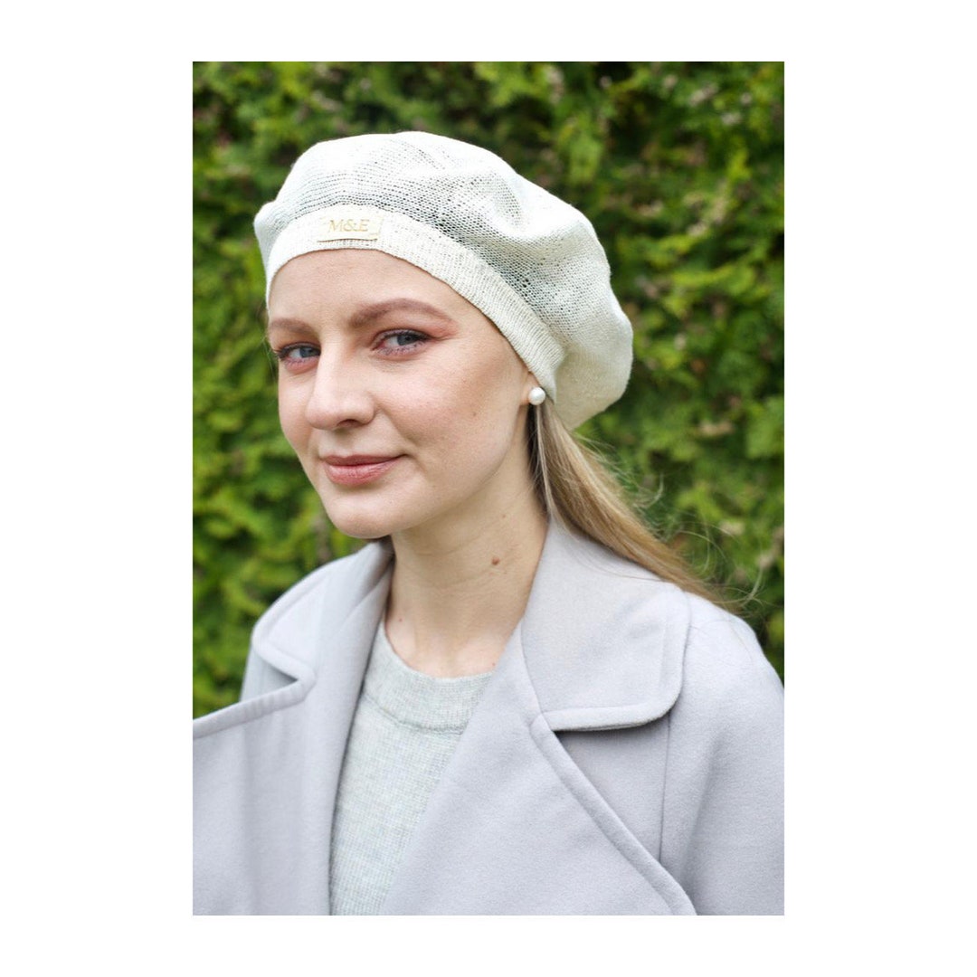 Womens Linen Beret, Hand Knitted Accessories, White Summer Hat, Natural ...