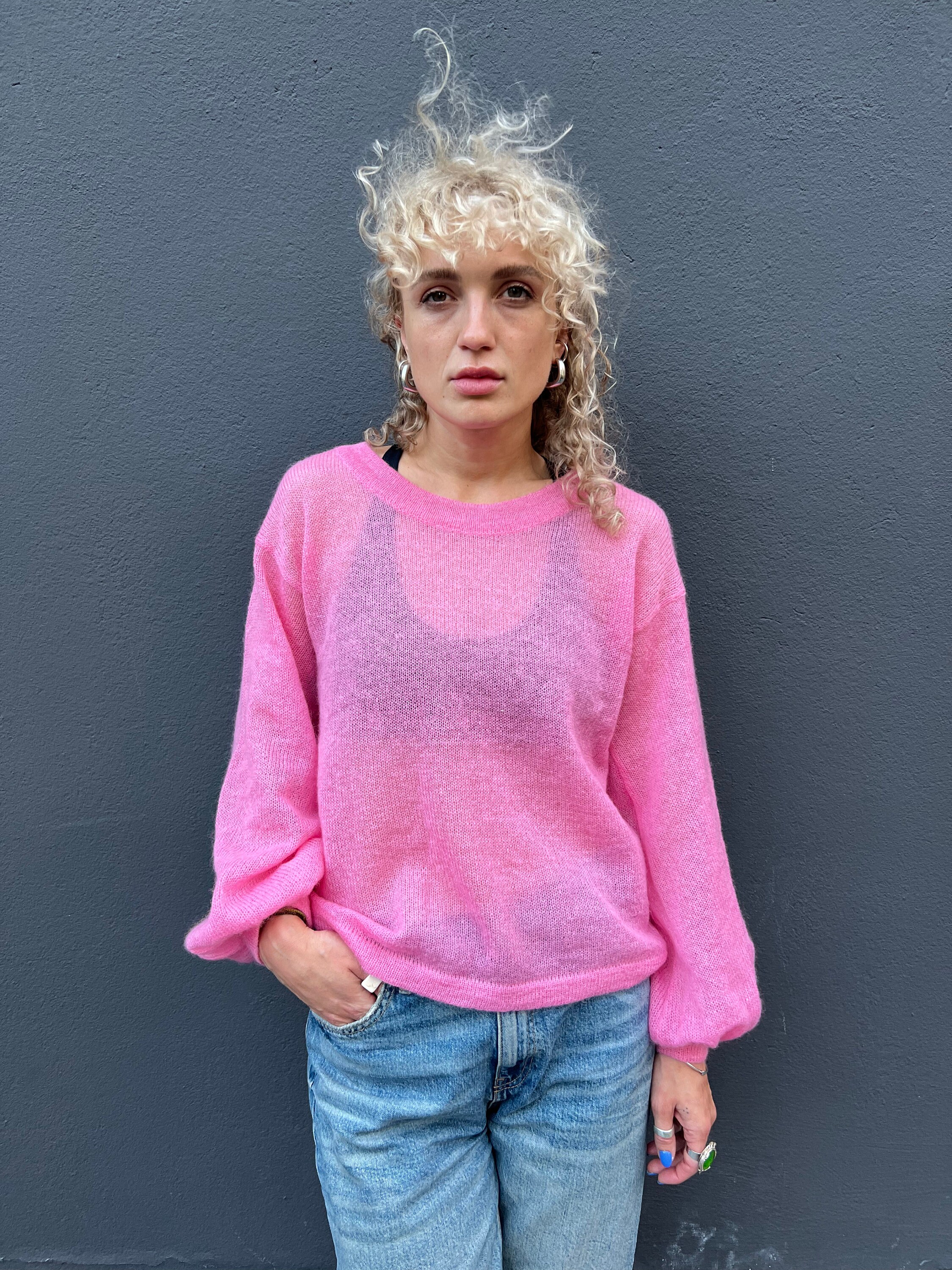 Blue Lady Kid Mohair Lightweight Pullover Sweater, Elegant Mesh Knit ...