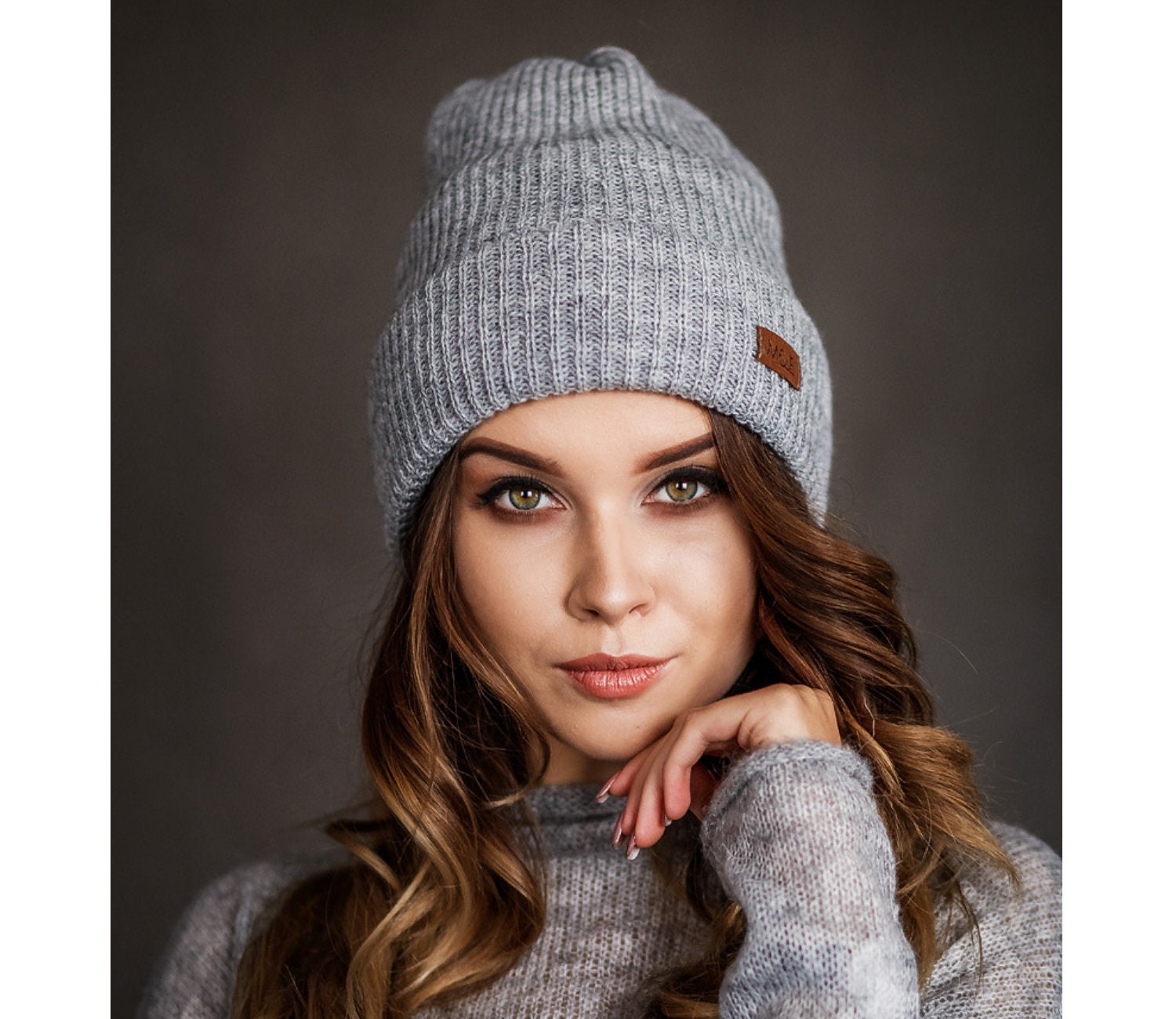 Grey knitted hat Merino wool slouch hat Beanie with cotton | Etsy