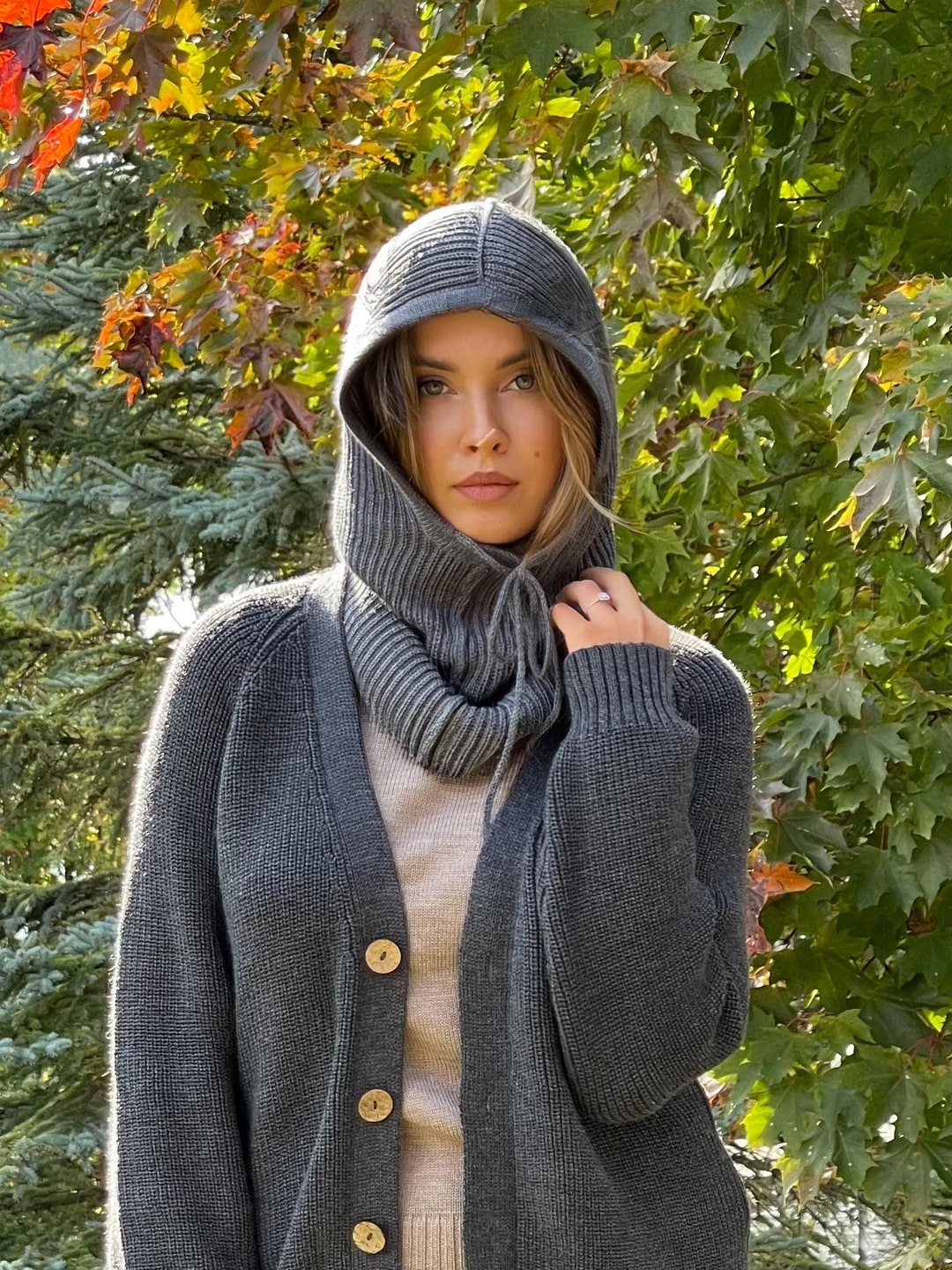 Chunky Knit Pure Merino Wool Women Hooded Balaclava Hat, Woolen Warm ...