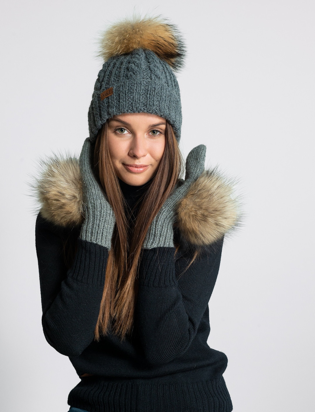 Warm Merino Wool Beanie Cap With Real Fur Pompom, Hand Knitted Soft ...