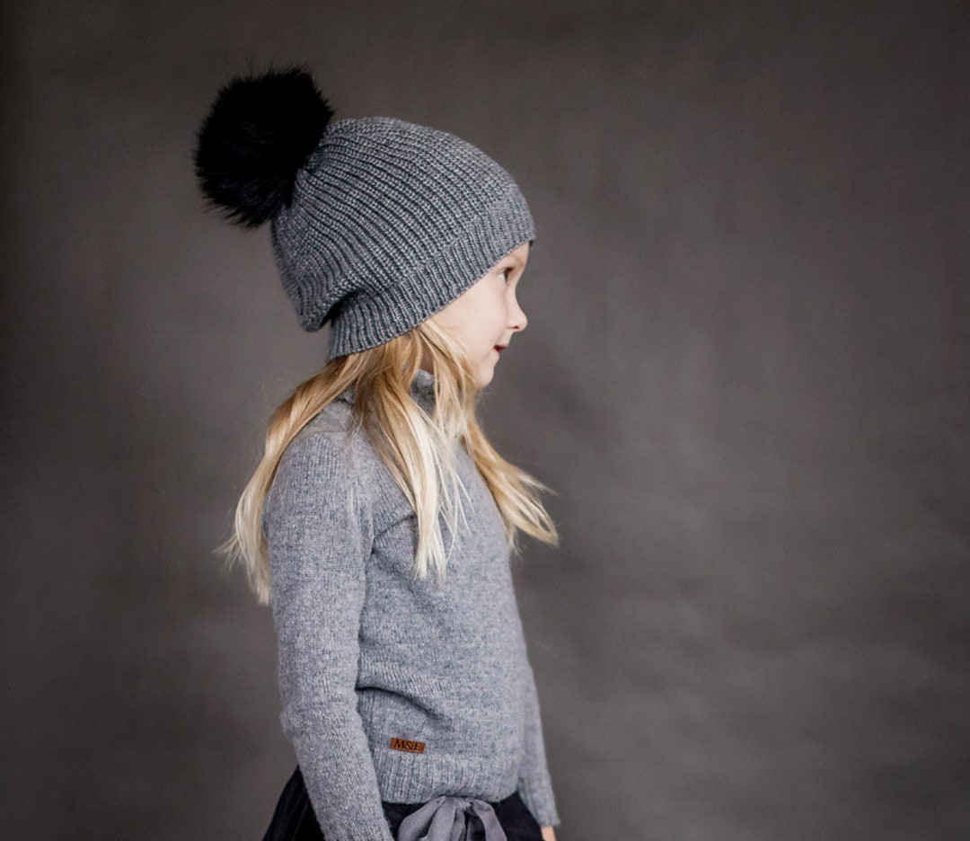 Girls Winter Hat, Fur Pom Pom Hat With Cotton Lining, Merino Wool ...