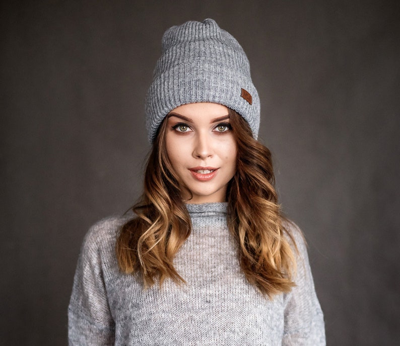 Grey Knitted Hat Merino Wool Slouch Hat Beanie With Cotton - Etsy