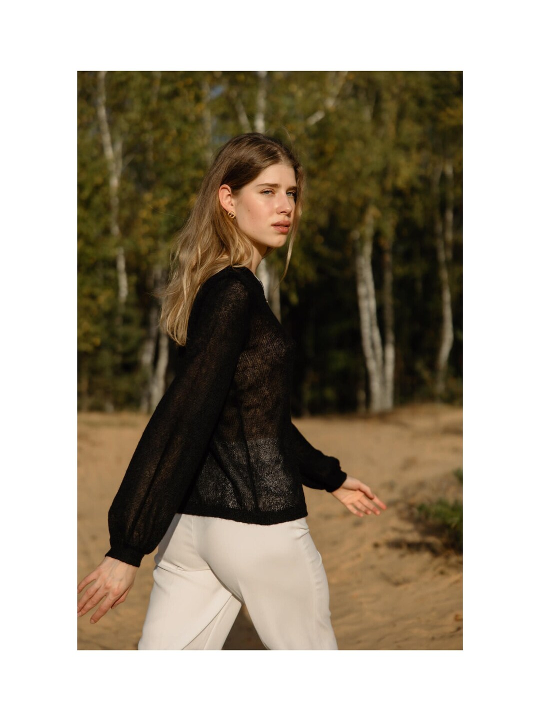 Black Mohair Mesh Women Sweater, Lightweight Woolen Knit Wide Sleeve ...