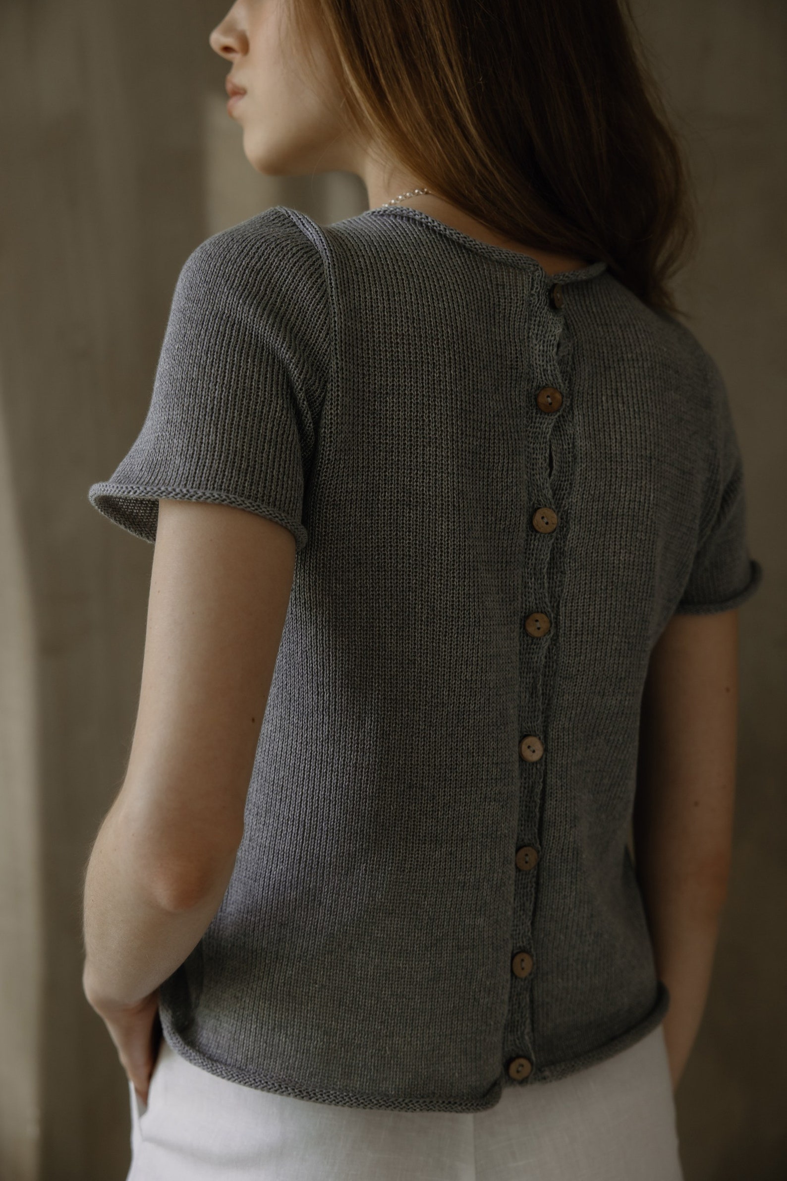 Cotton Linen Hand Knitted Grey Colour Women Blouse, Relaxed Fit Short ...