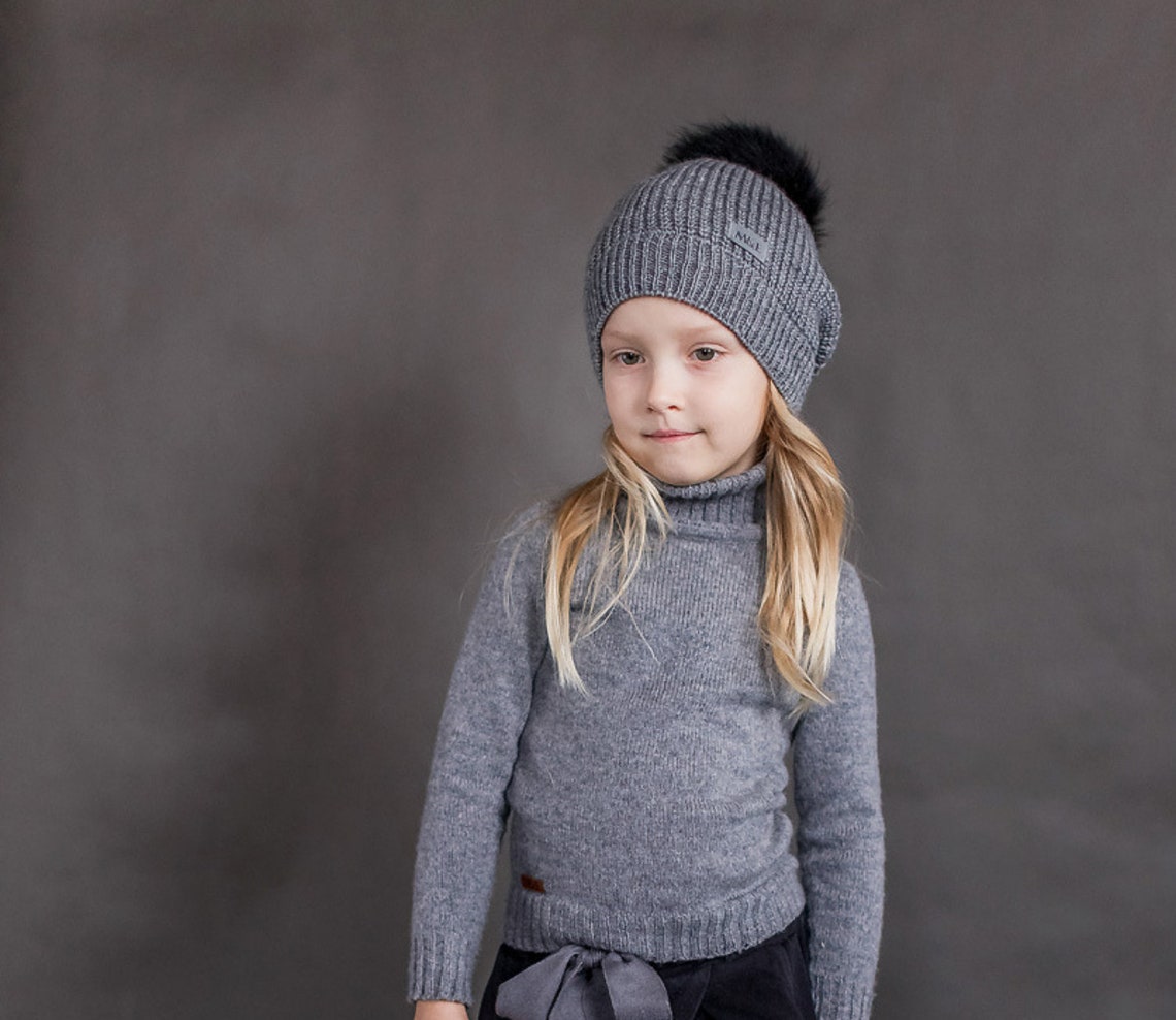 Girls Winter Hat, Fur Pom Pom Hat With Cotton Lining, Merino Wool ...