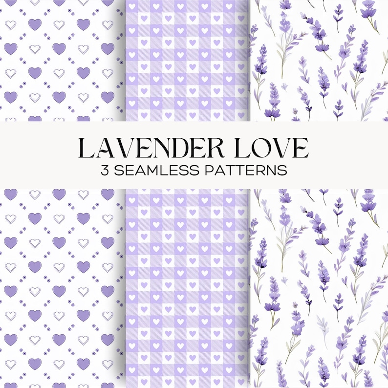 Lavender Floral Digital Paper Pack, Heart Plaid Seamless Patterns ...