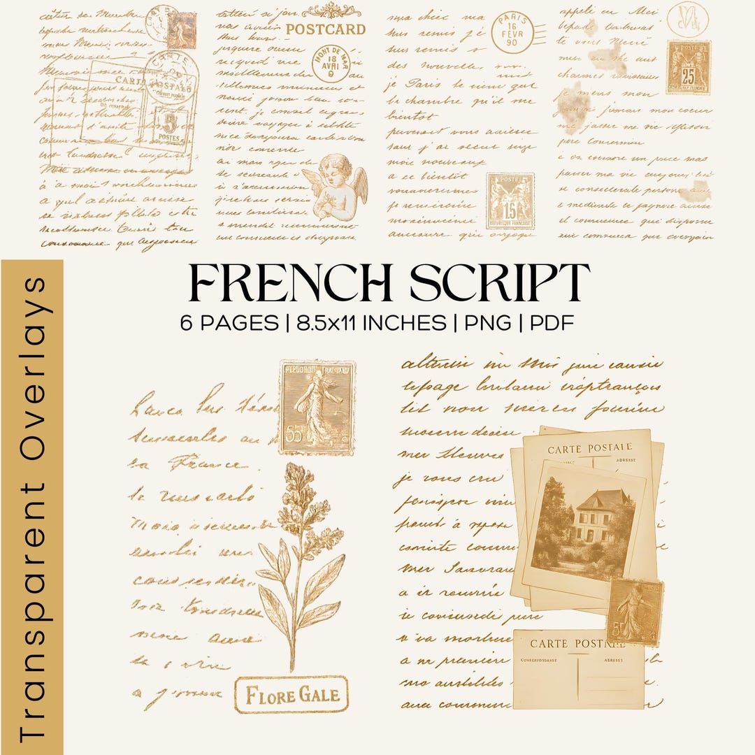 French Script Overlays, Transparent Vintage Ephemera PNG, Antique ...