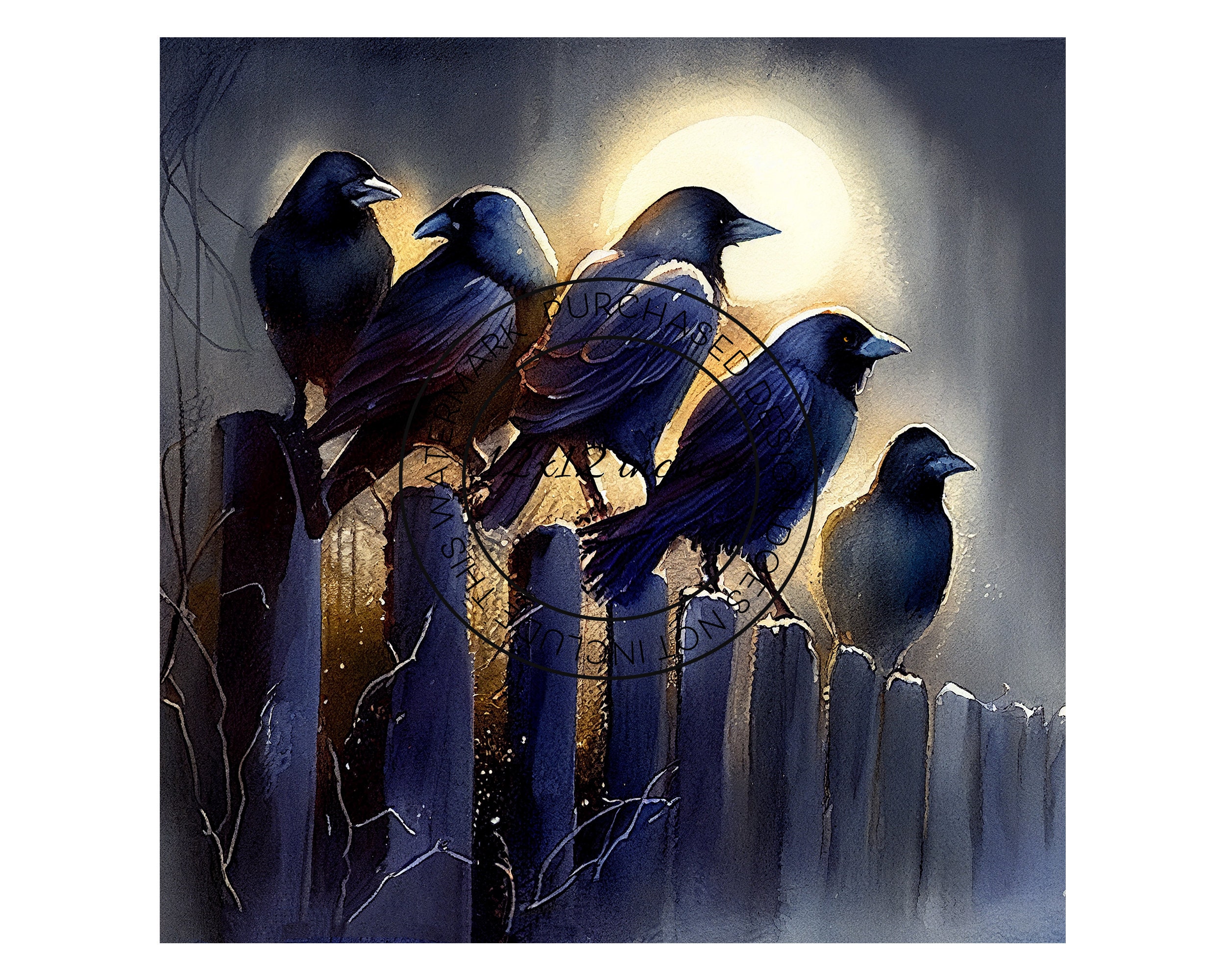 Eerie Black Crow Painting Moonlit Wall Art Wooden Fence - Etsy