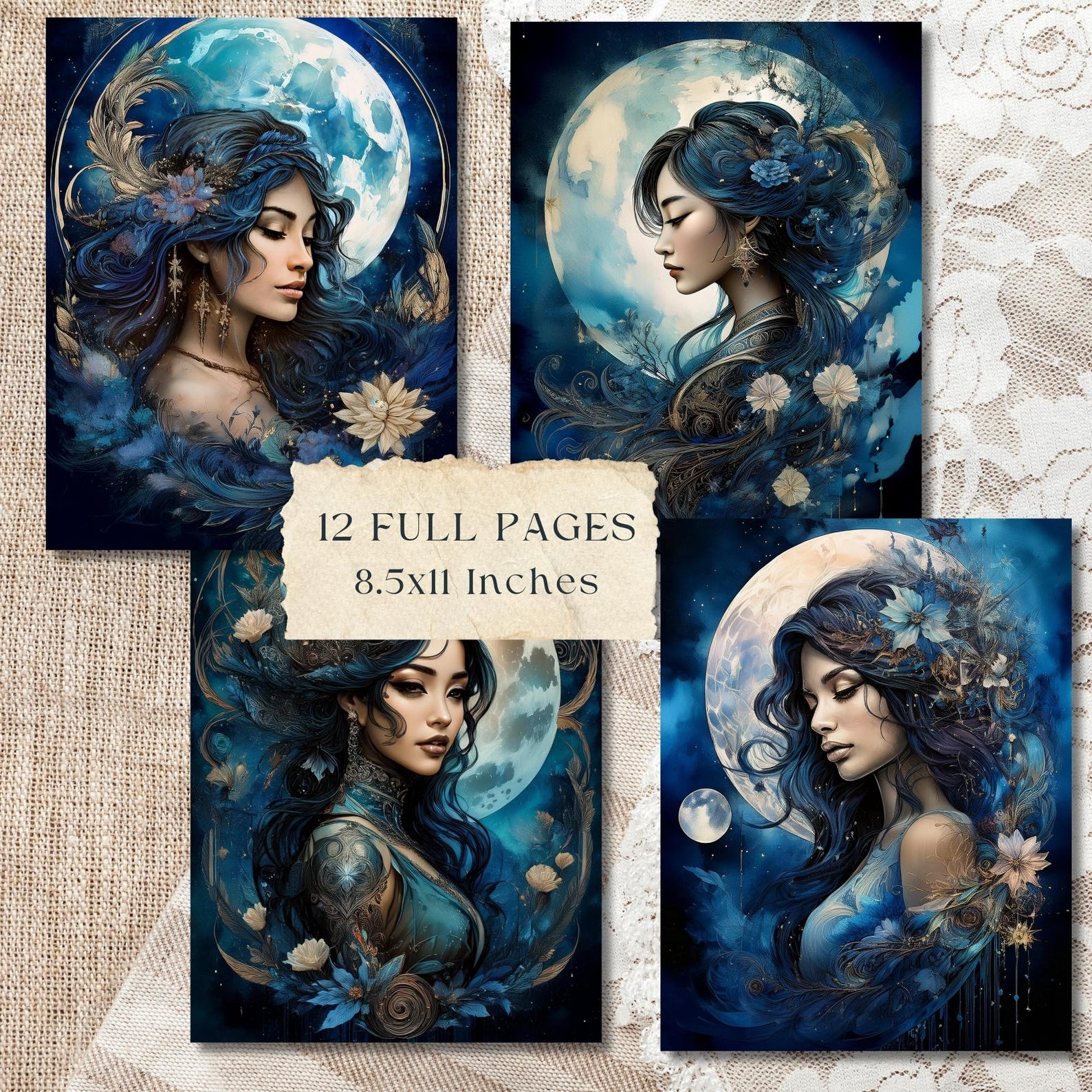 Moon Goddess Junk Journal Pages, Celestial Scrapbook Paper, Printable ...