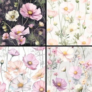 Whimsical Cosmos Flower Seamless Pattern Set – Pastel Floral Digital ...