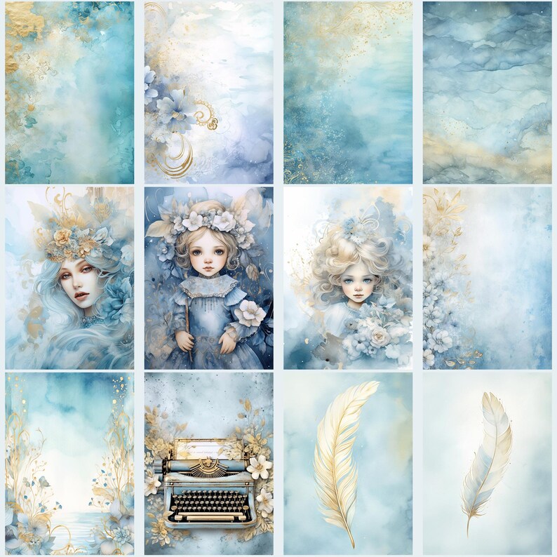 Misty Blue Watercolor Scrapbook Paper, Vintage Ephemera (digital ...