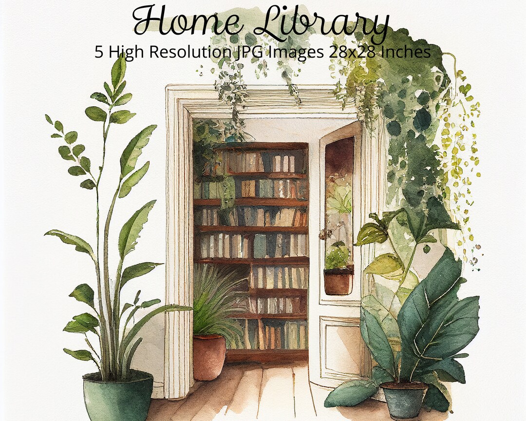 Watercolour Home Library Wall Art Set, Cozy Reading Corner, House Plant ...