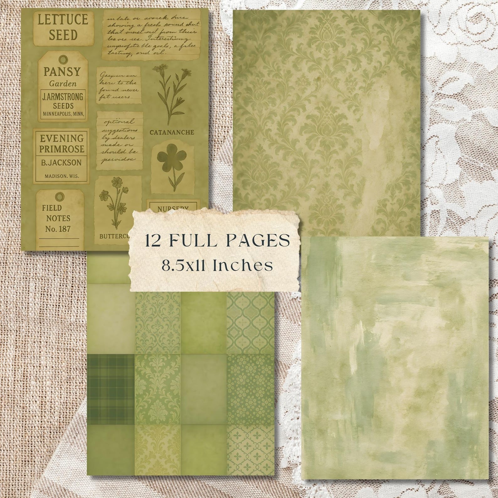 Eclectic Green Printable Junk Journal Pages, Sage Digital Paper, Faded ...