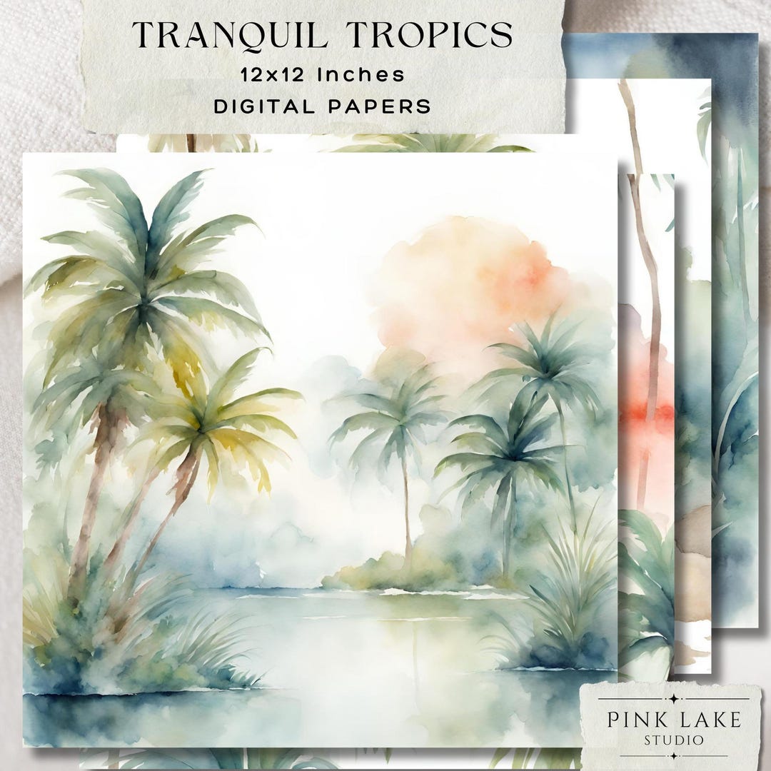 Tropical Beach Digital Paper Pack, Tranquil Watercolour Backgrounds ...