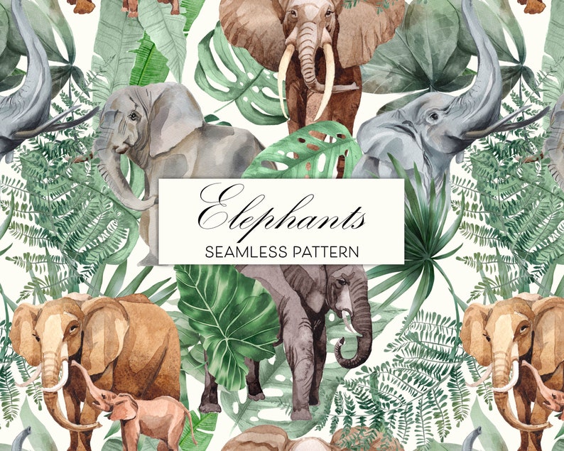Elephant Print Seamless Pattern, Watercolour Elephants, Repeat Pattern ...