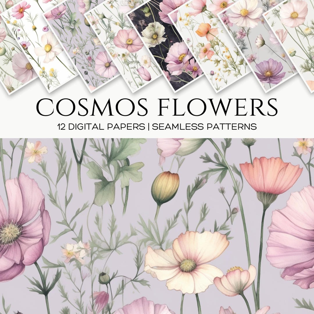 Whimsical Cosmos Flower Seamless Pattern Set – Pastel Floral Digital ...